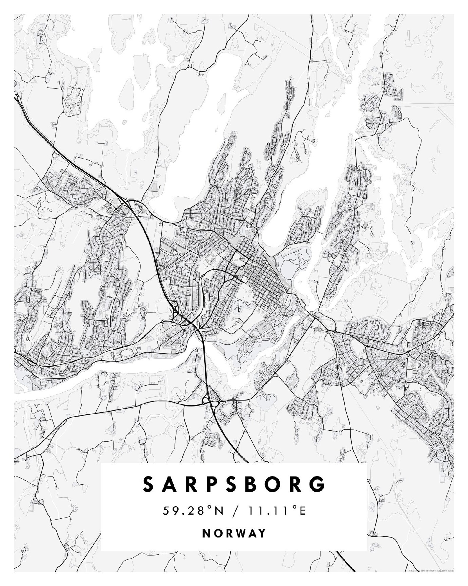 SARPSBORG Map, City Poster, Norway, Sarpsborg Kart, Map of Sarpsborg ...