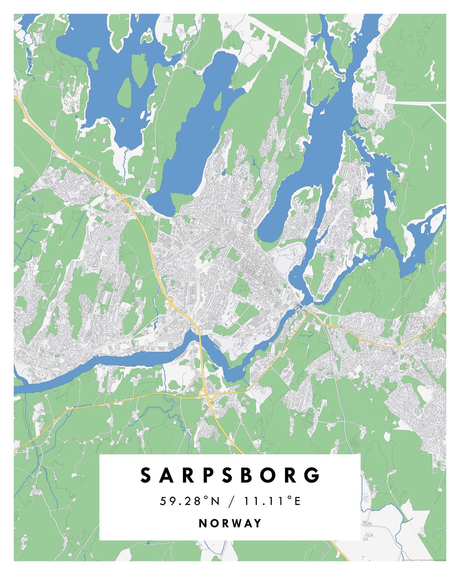 SARPSBORG Map, City Poster, Norway, Sarpsborg Kart, Map of Sarpsborg ...