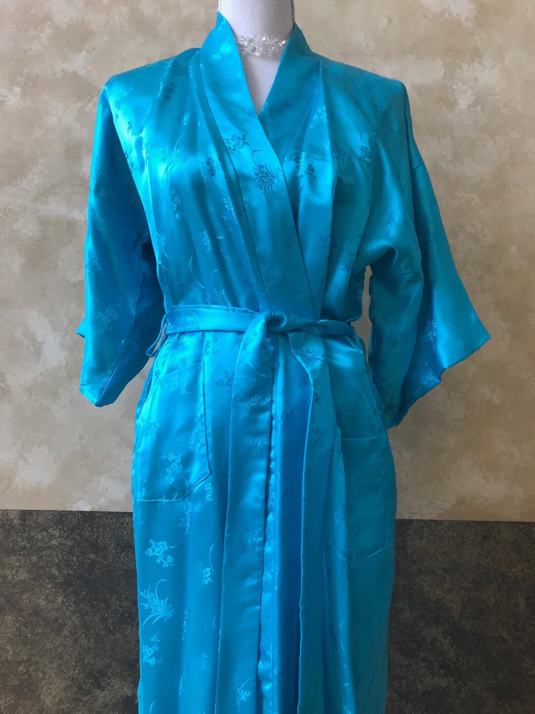 Vintage Long Turquoise Aqua Blue Chinese Styled Jacquard Bath ...