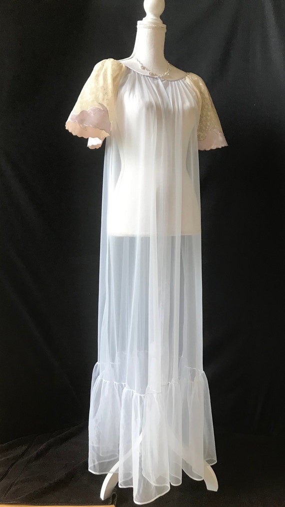 Vintage 1940s Nylon Lace Robe - Sheer Blue Lingerie, … - Gem
