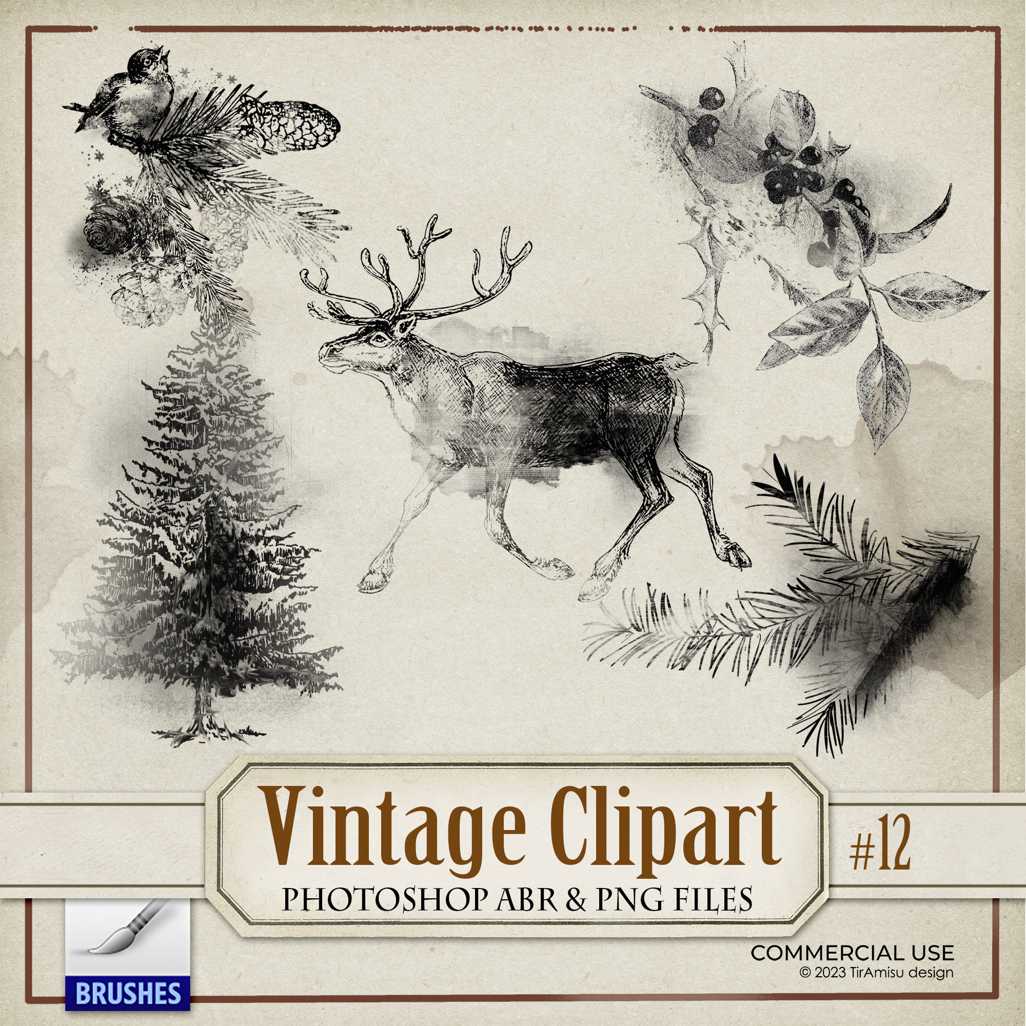 Vintage Christmas Digital Clipart PNG, Holiday Photoshop Brush ABR ...