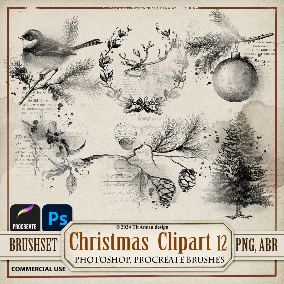 Vintage Christmas Digital Clipart PNG| Procreate Brushset| Photoshop ...