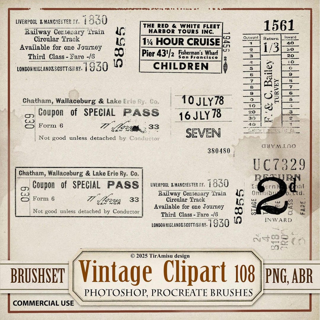 Vintage Tickets, Labels Digital Clipart & Brush Pack| PNG, Procreate ...