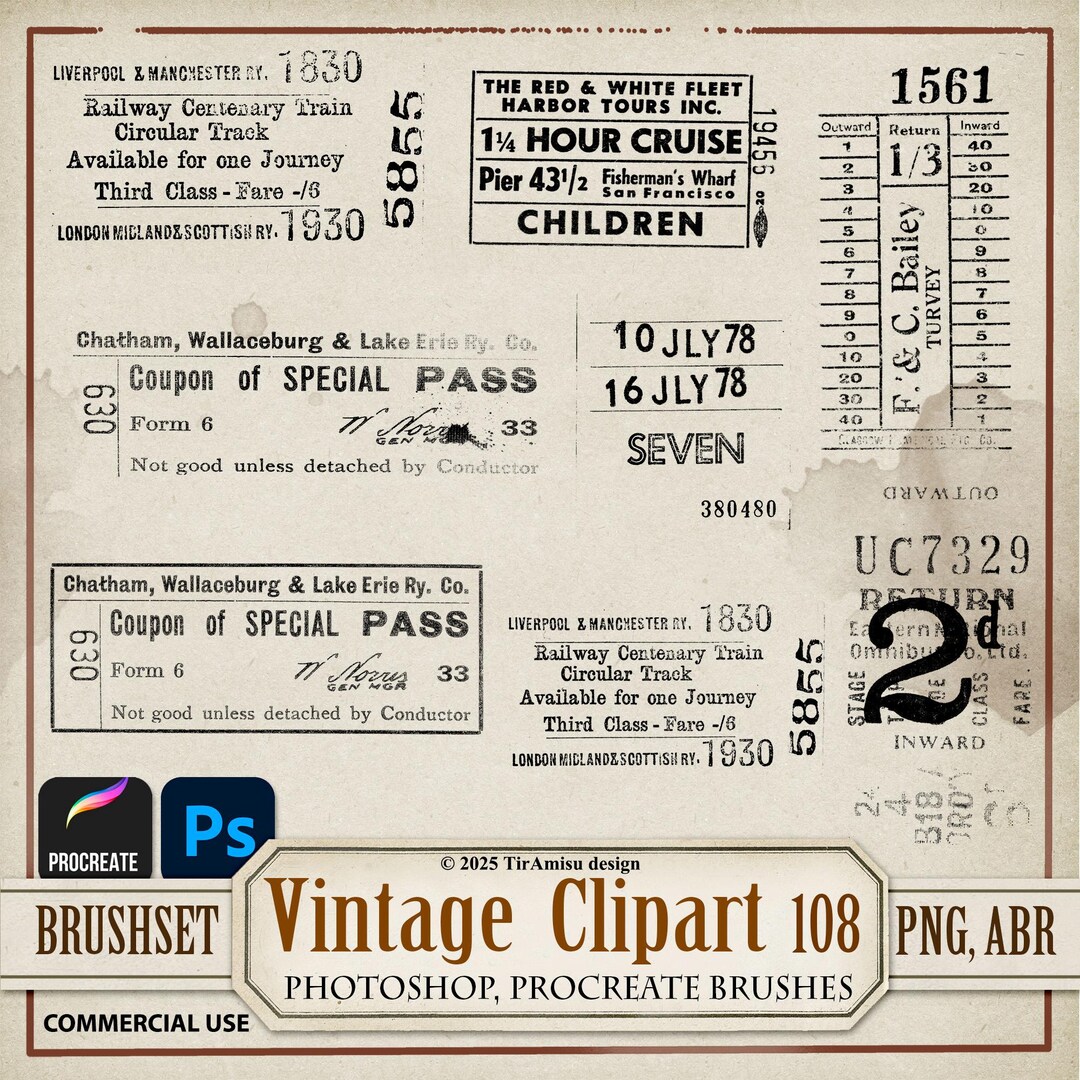Vintage Tickets, Labels Digital Clipart PNG| Procreate Stamp Brush ...