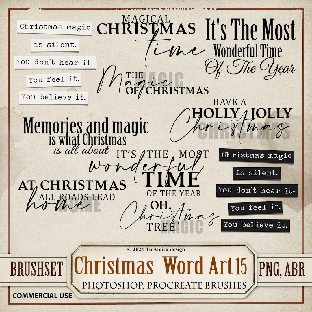 Christmas Word Art Digital Clipart & Brush Pack | PNG, Procreate Stamp ...