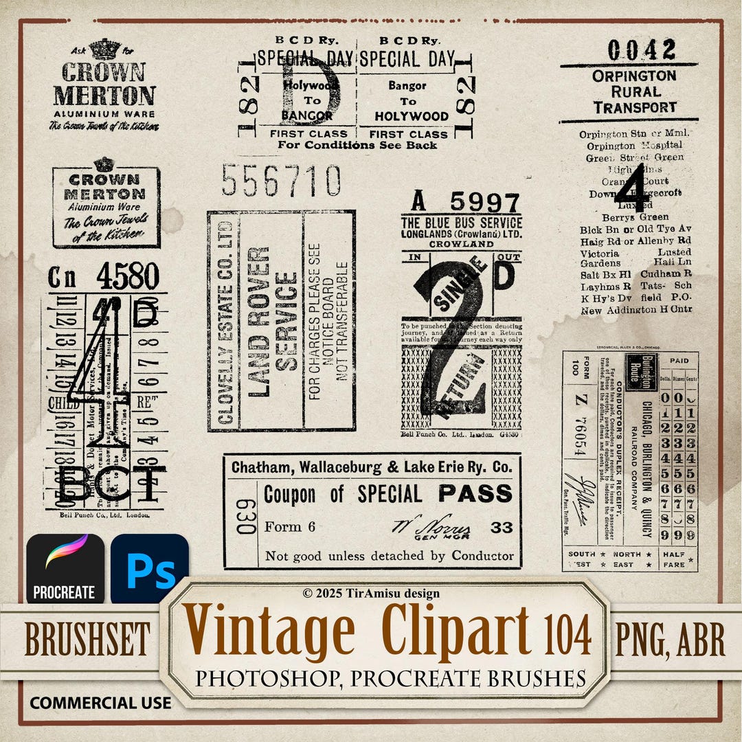 Vintage Tickets Digital Clipart PNG| Procreate Stamp Brush| Photoshop ...