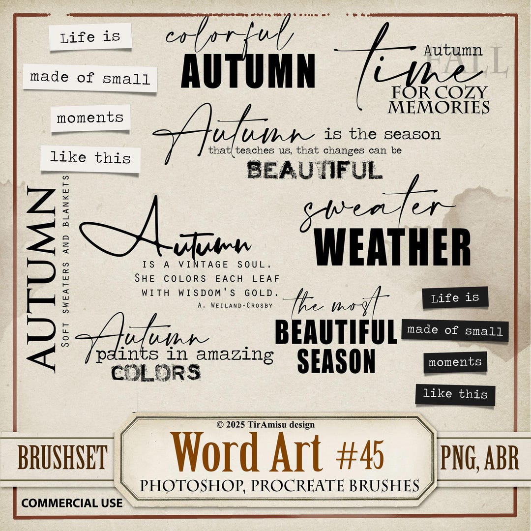 Autumn Word Art Digital Clipart & Brush Pack | PNG, Procreate Stamp ...