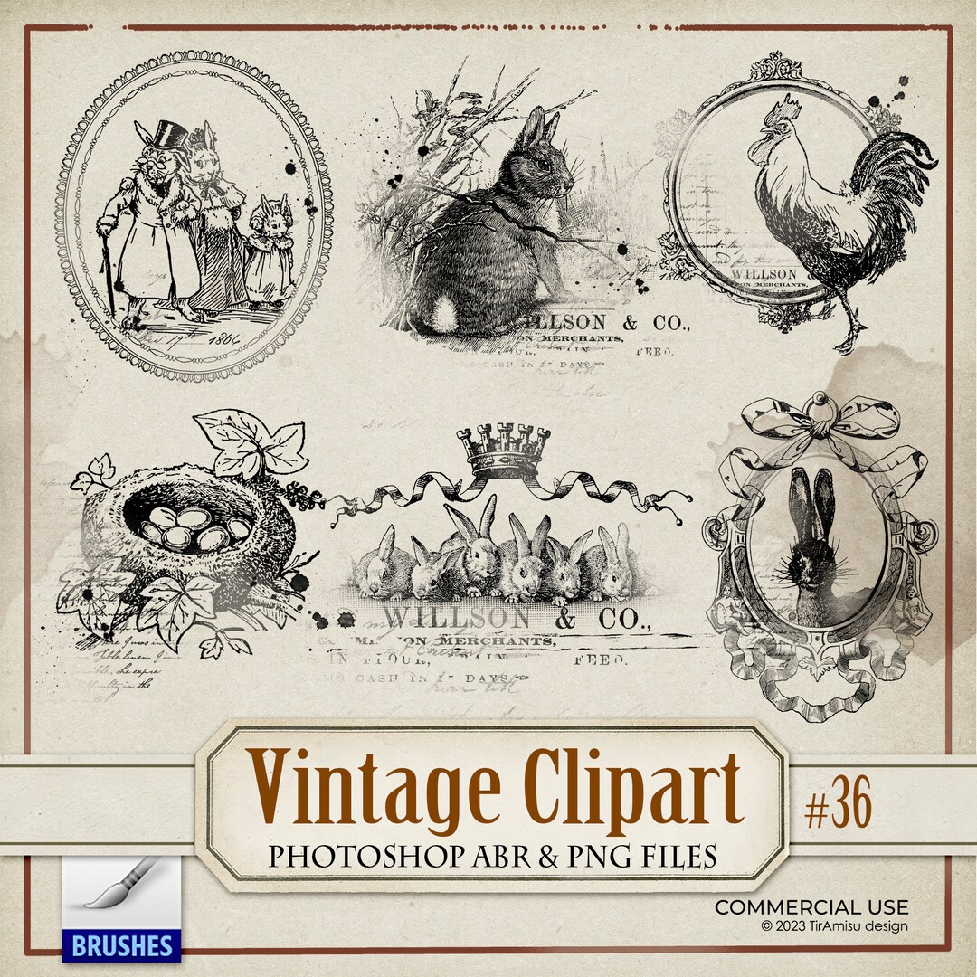 Vintage Easter Photoshop Brushes, Vintage Easter Rabbit Digital Clipart ...