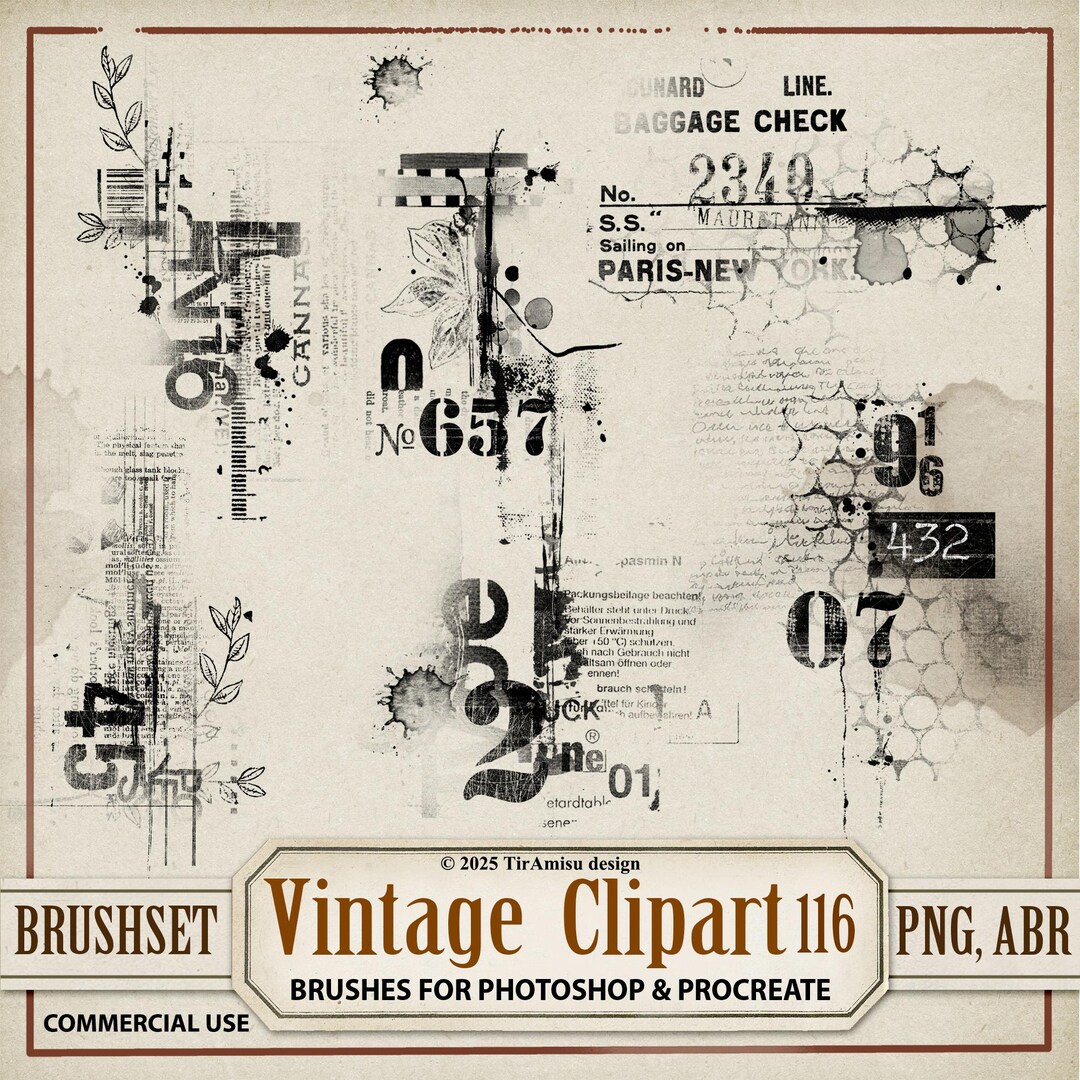 Vintage Numbers Digital Clipart & Brush Pack| PNG, Stamp Brushset for ...