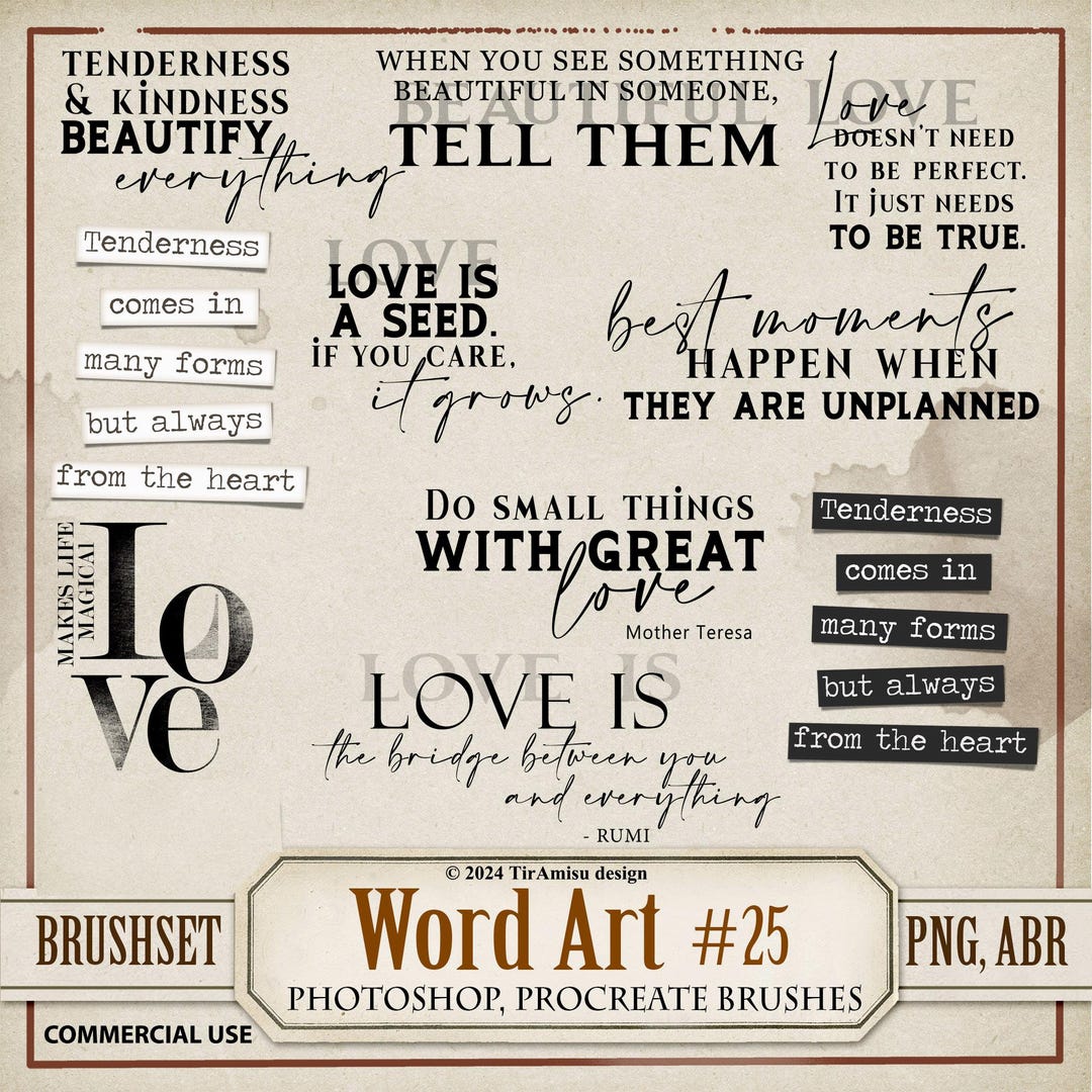 Romantic Word Art Digital Clipart & Brush Pack| PNG, Procreate Stamp ...