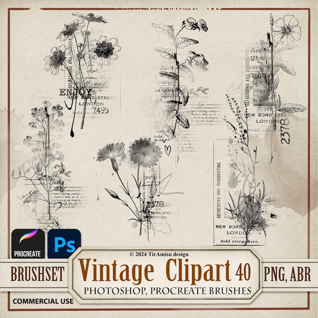 Vintage Floral Rustic Digital PNG Clipart Procreate Brushet, Stamp ...