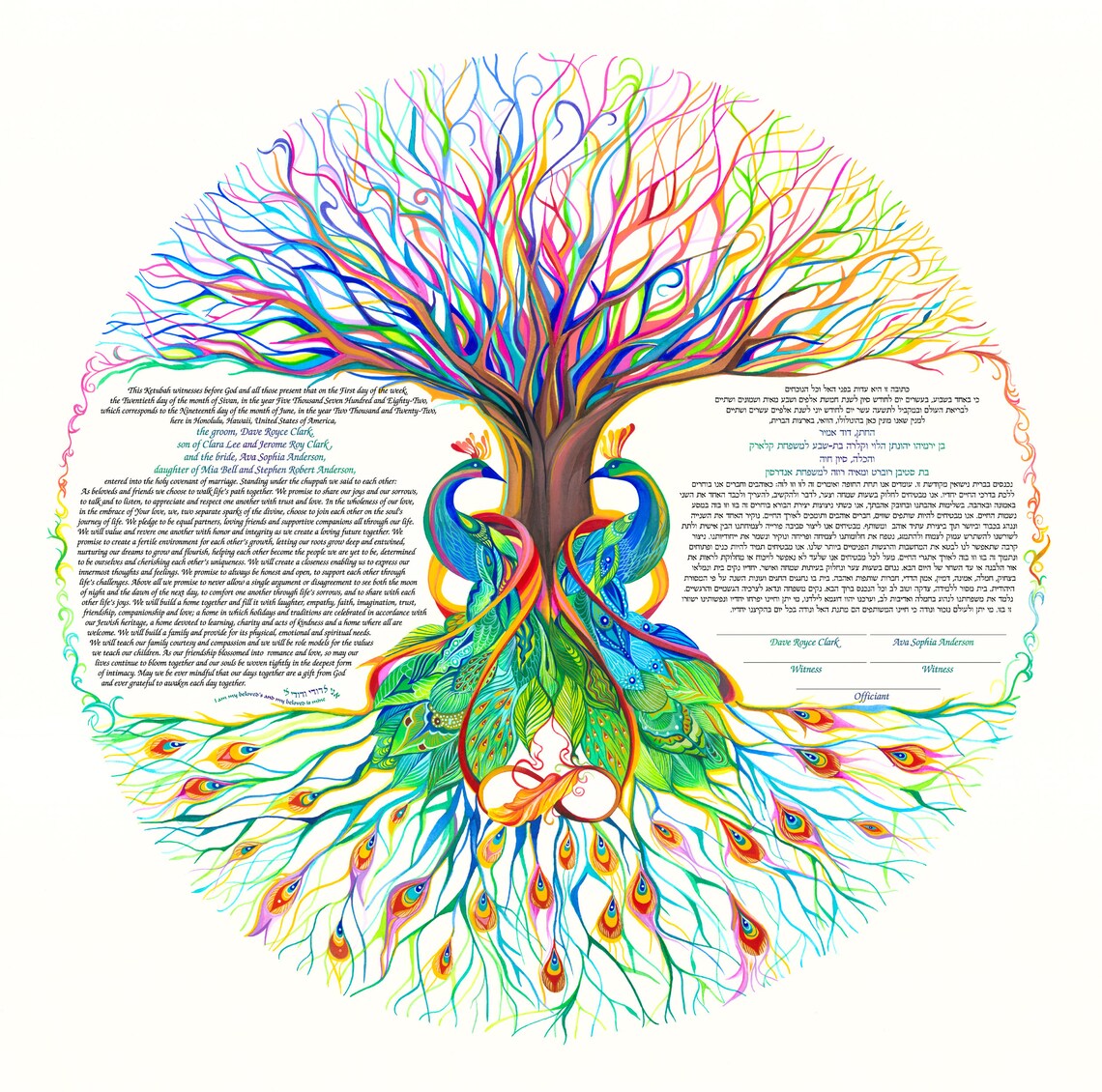 Nava Shoham TREE OF LIFE Peacoks Ketubah 1800ketubah.com - Etsy