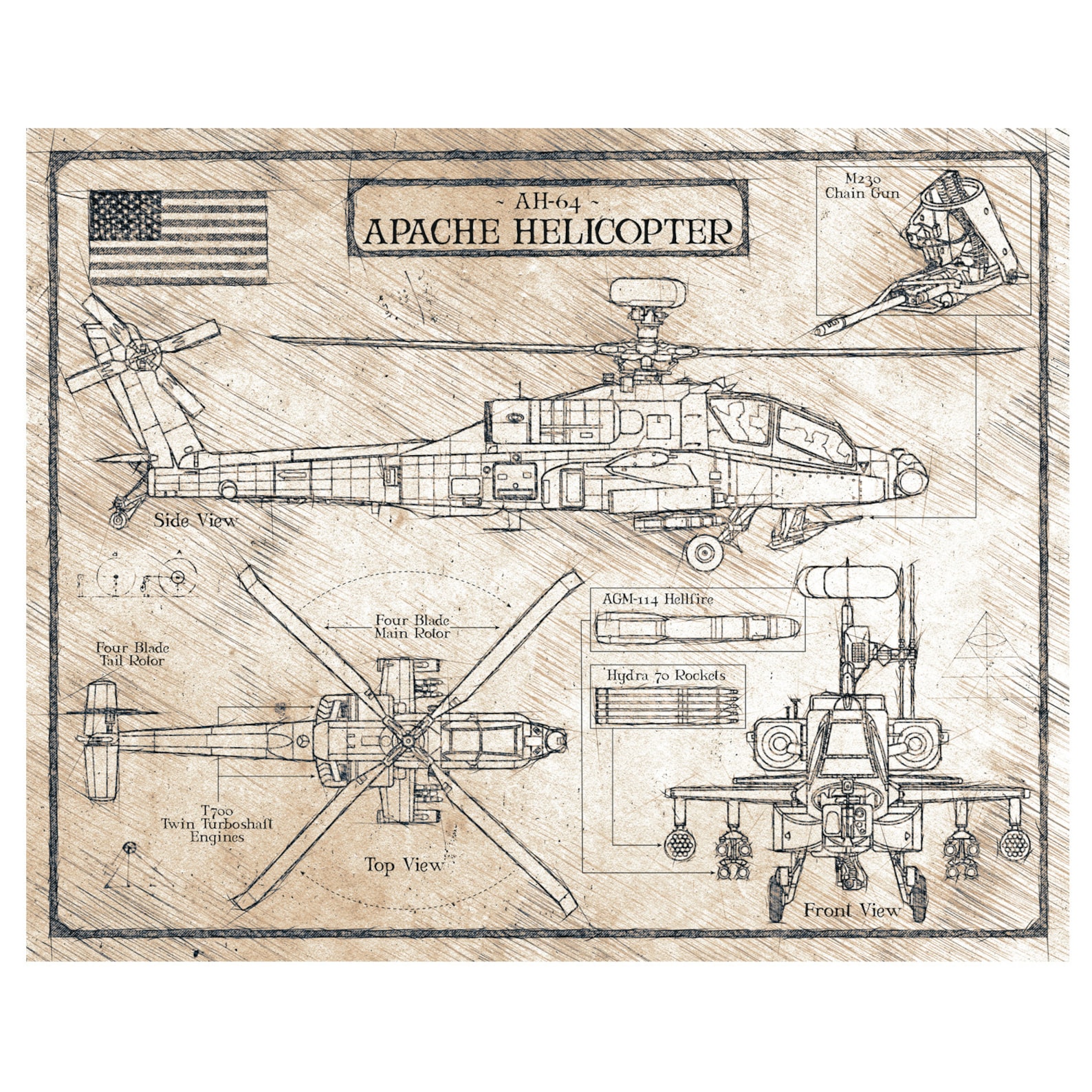 AH-64 Apache Attack Helicopter Da Vinci o Blueprint - Etsy España