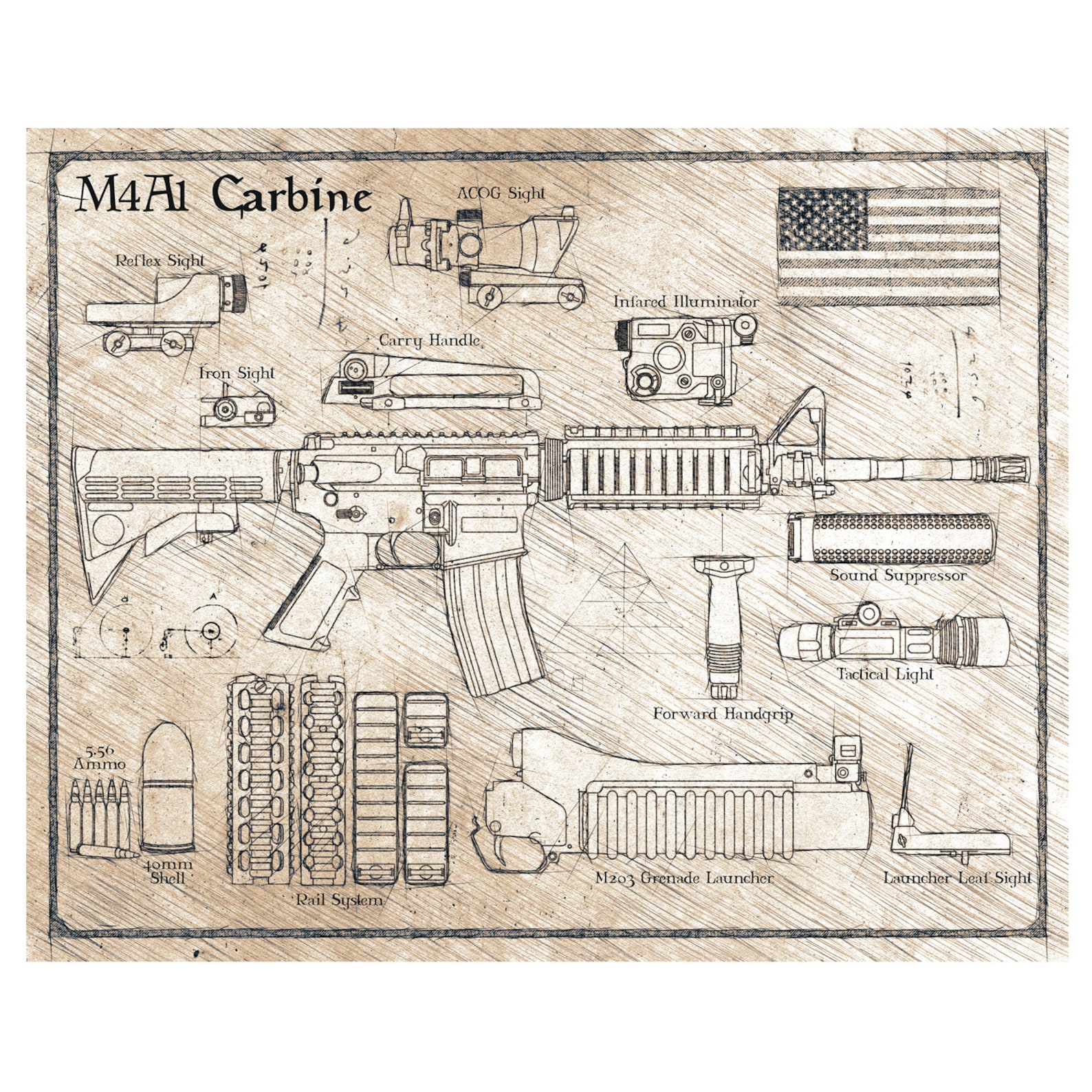 M4A1 Carbine Da Vinci or Blueprint Illustration 8x10 or - Etsy