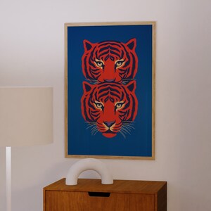 Tiger Art Print, Graphic Tiger Art Print, Bold Decor, Bold Red and Blue ...
