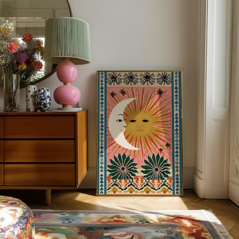 Sun and Moon Wall Art, Celestial Art Print, Boho Folk Art Poster, Tarot ...