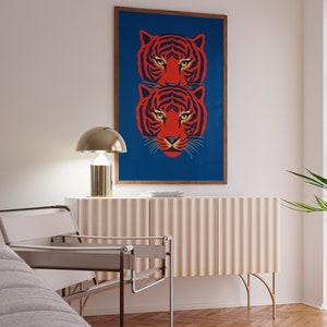 Tiger Art Print, Graphic Tiger Art Print, Bold Decor, Bold Red and Blue ...