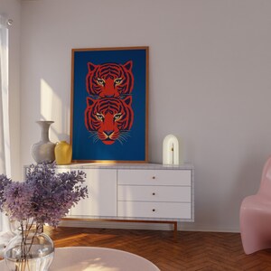 Tiger Art Print, Graphic Tiger Art Print, Bold Decor, Bold Red and Blue ...