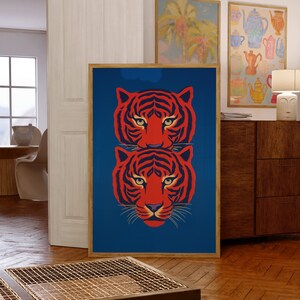 Tiger Art Print, Graphic Tiger Art Print, Bold Decor, Bold Red and Blue ...