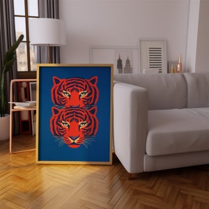 Tiger Art Print, Graphic Tiger Art Print, Bold Decor, Bold Red and Blue ...