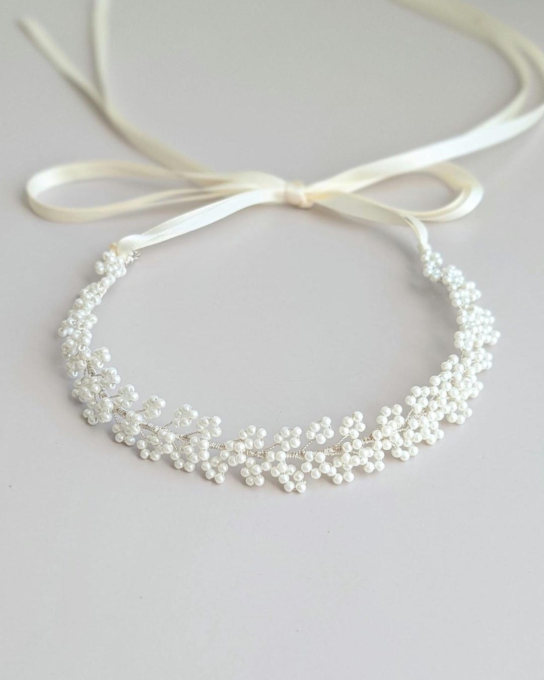 Pearl Headband Wedding Tiara Ribbon Headband Flower Hair Piece Boho ...