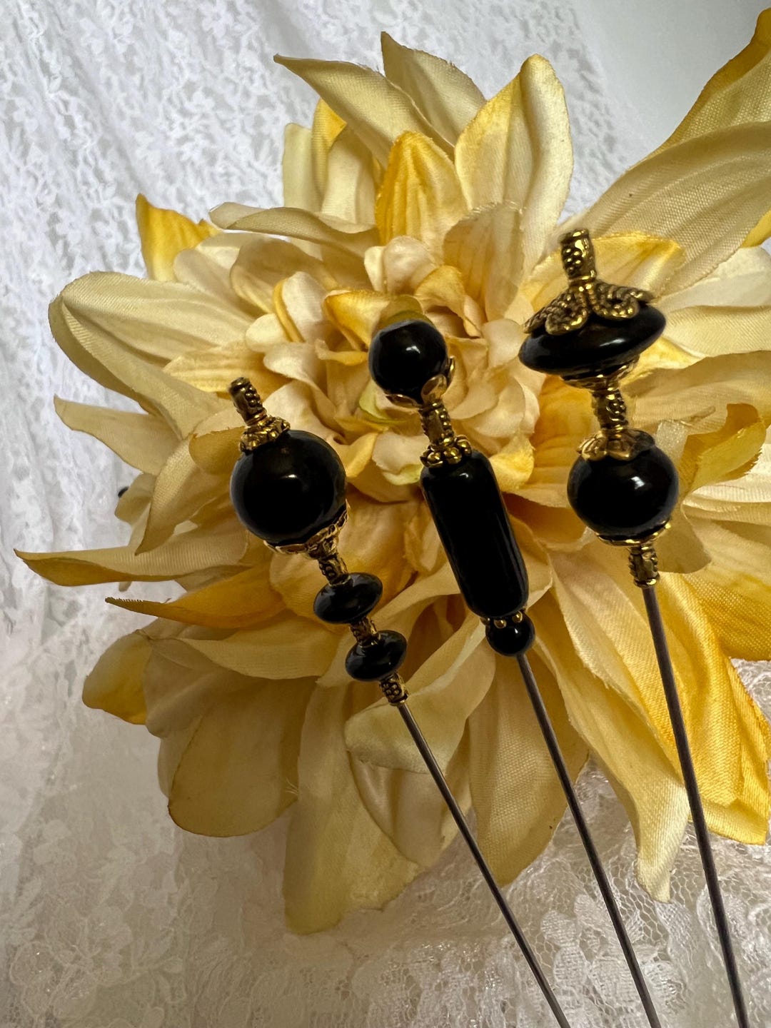 Stick Pins ~ 3 Jet Black Glass Hat Pin Lot ~ Small Beads ~ 5” Long ...