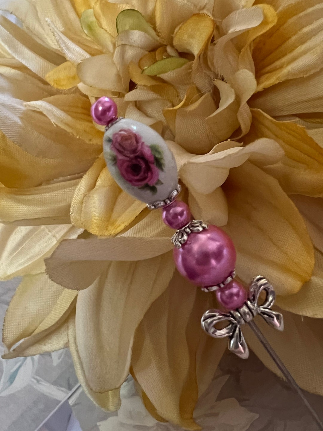 Hat Pin Pink Roses & Pink Pearls Bow Accent 7 Long Victorian Hatpin ...