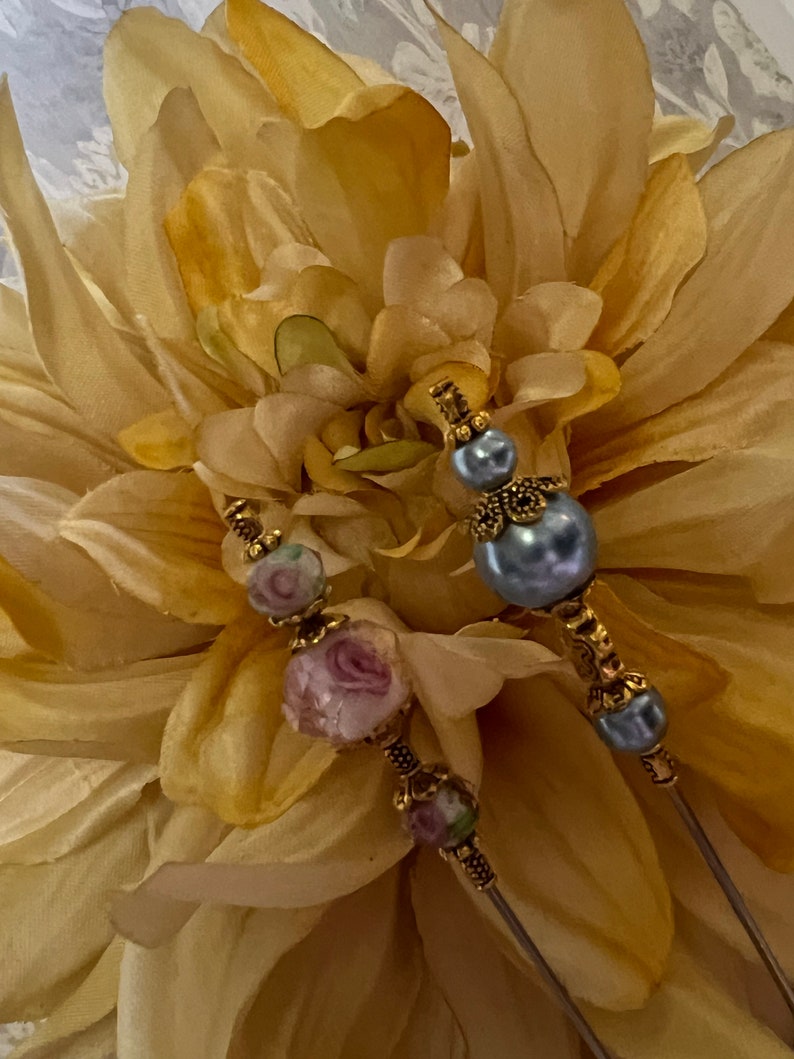 HATPINS 2 Delicate Pink Rose & Blue Pearl Hat Pins Perfect for a Tea ...