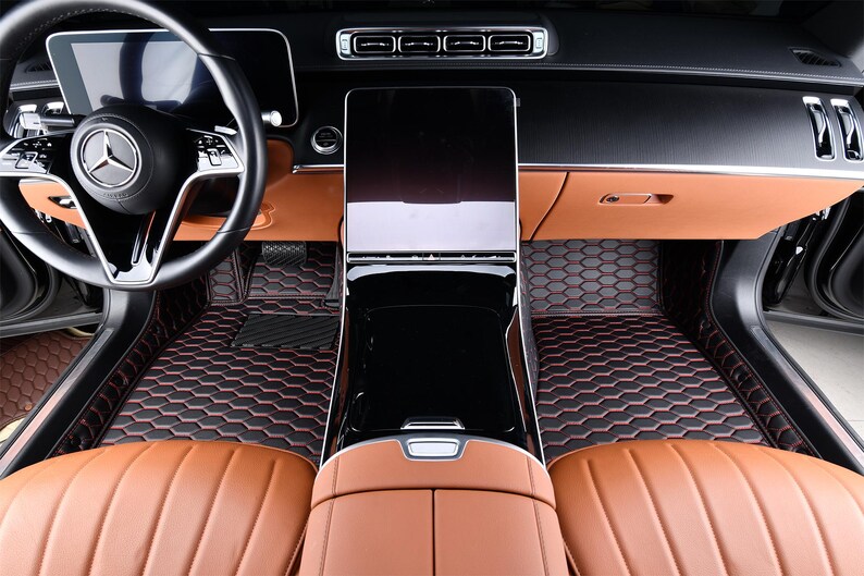Custom Black & Red Hexagon Honeycomb Leather Car Floor Mats – Luxury ...