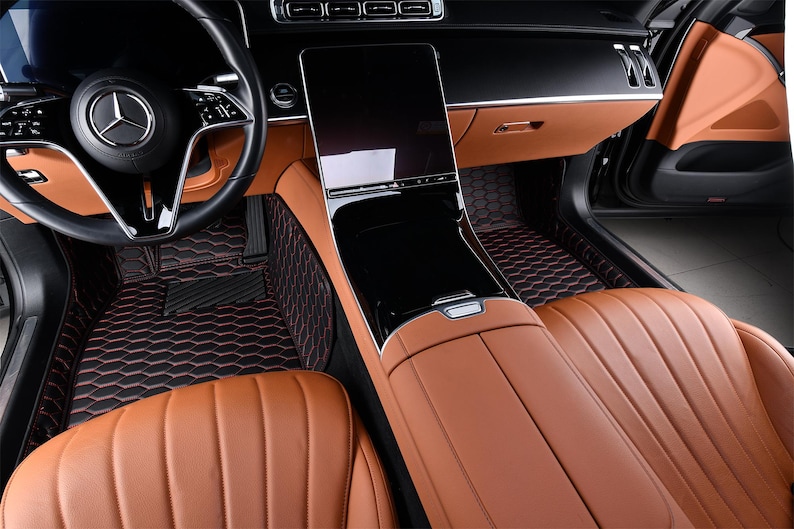 Custom Black & Red Hexagon Honeycomb Leather Car Floor Mats – Luxury ...