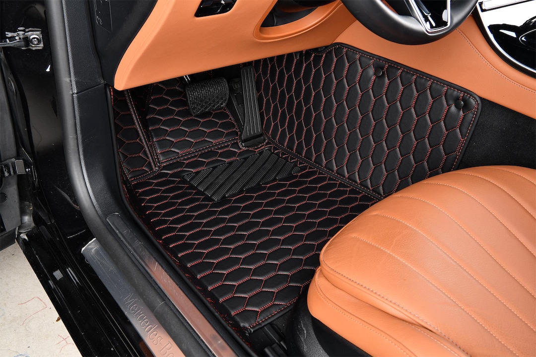Custom Black & Red Hexagon Honeycomb Leather Car Floor Mats – Luxury ...