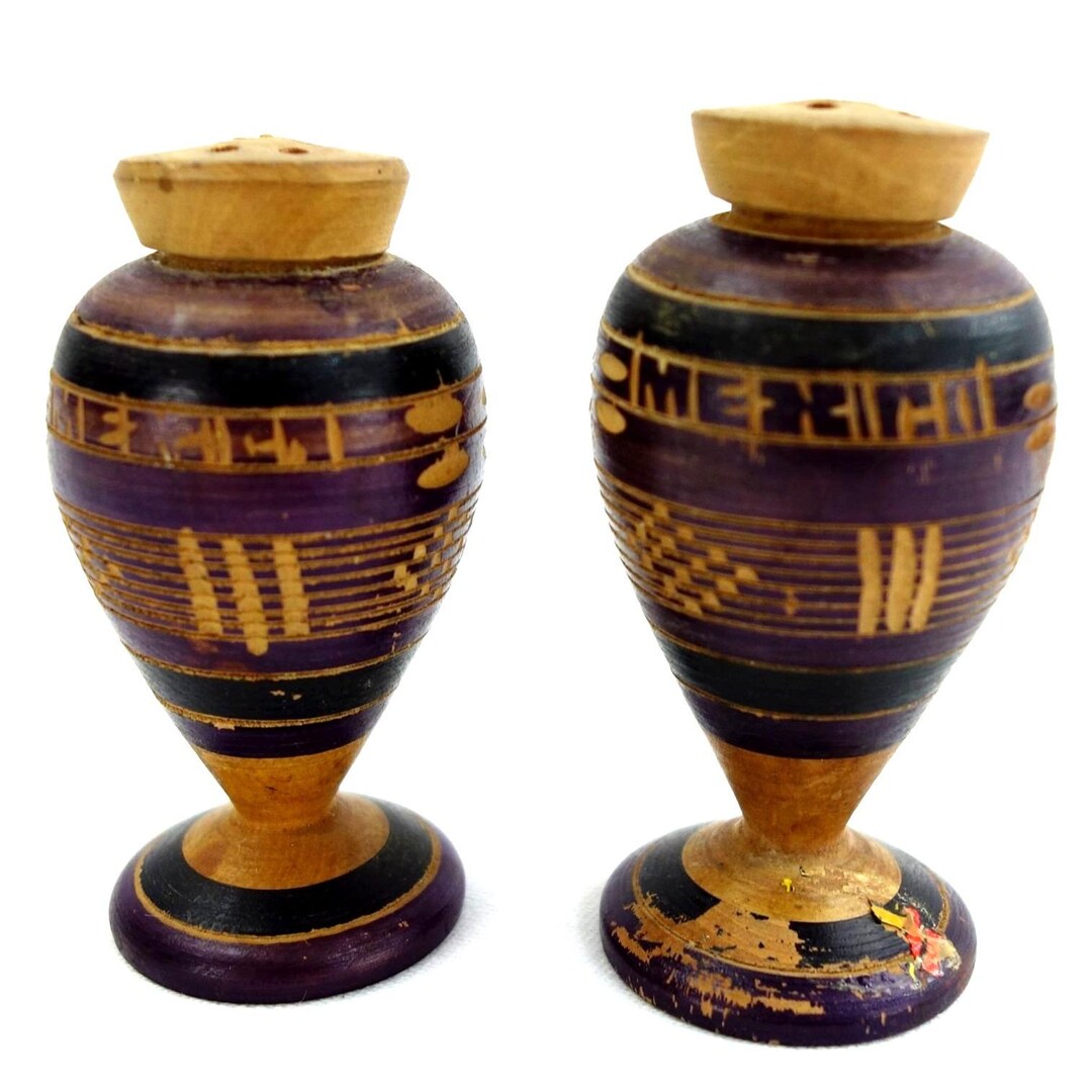 Vintage Mexico Carved and Painted Wood Decorative Salt & Pepper Shakers ...