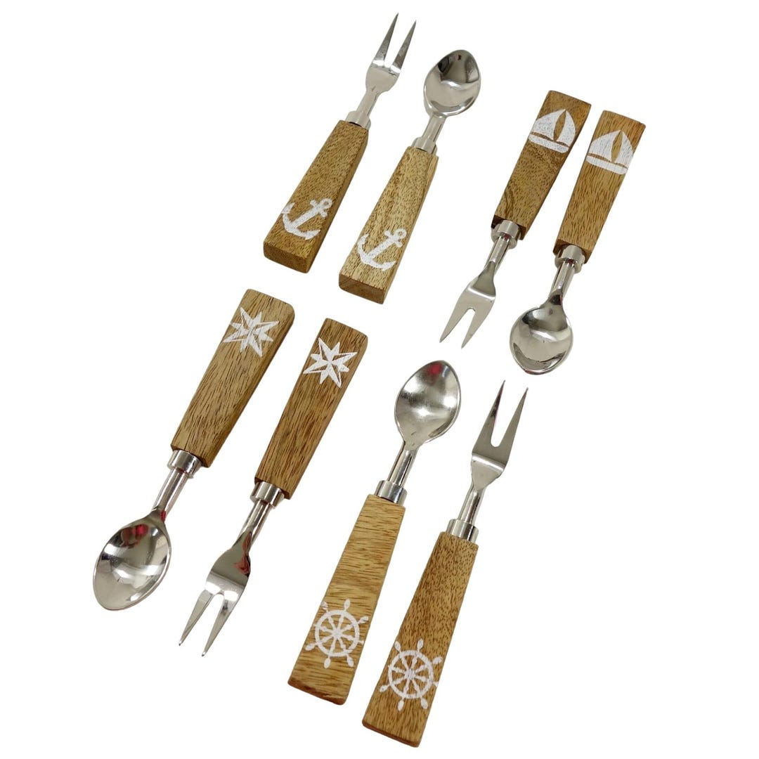Vintage Fork and Spoon Set Cocktail Appetizer Wood Handle Nautical ...