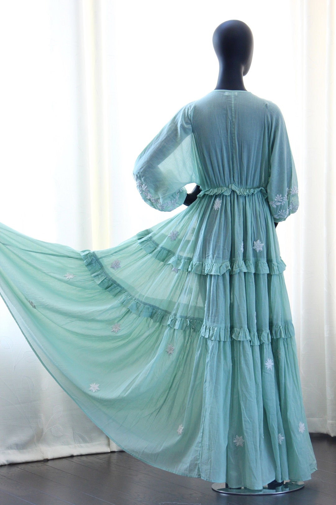 Soft Voile Cotton Dress Hand Embroidery-aqua Long Dress-loungewear Maxi ...