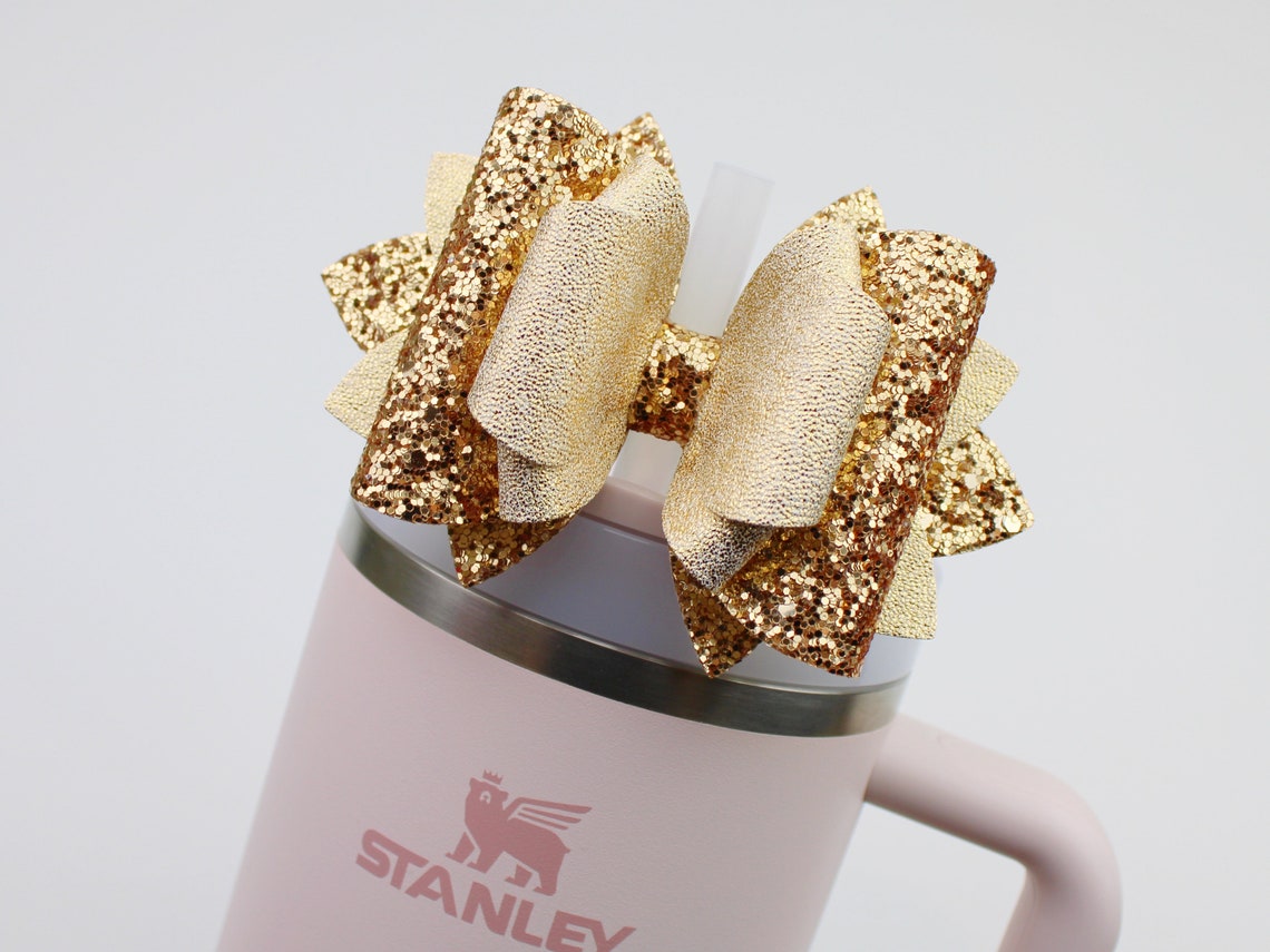 Gold Glitter Stanley Tumbler Bow Topper Beige Straw Topper Brown ...