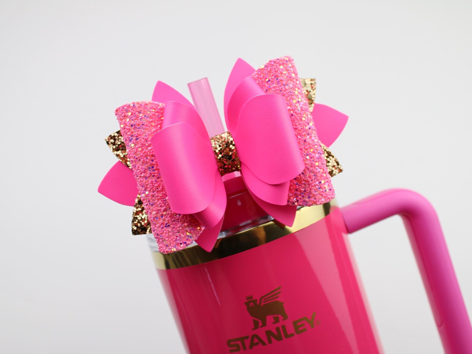Pink Parade Stanley Tumbler Bow Straw Topper Neon Pink and Gold Stanley ...