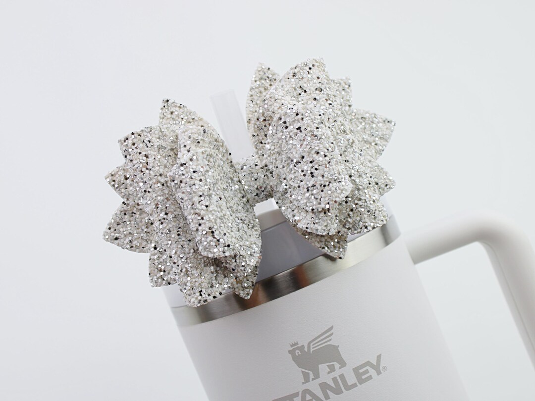 White and Silver Glitter Stanley Tumbler Bow Straw Topper Stanley Cup ...
