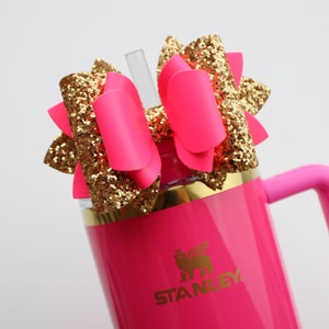 Pink Parade Stanley Tumbler Bow Straw Topper Neon Pink and Gold Stanley ...