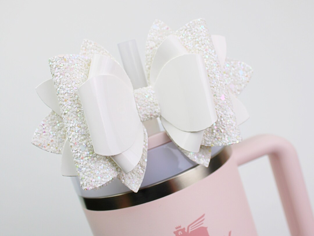 White Glitter Stanley Tumbler Bow Topper Frost Stanley Straw Topper ...