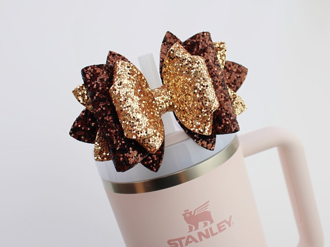 Chocolate and Gold Glitter Stanley Tumbler Bow Topper Brown Straw ...