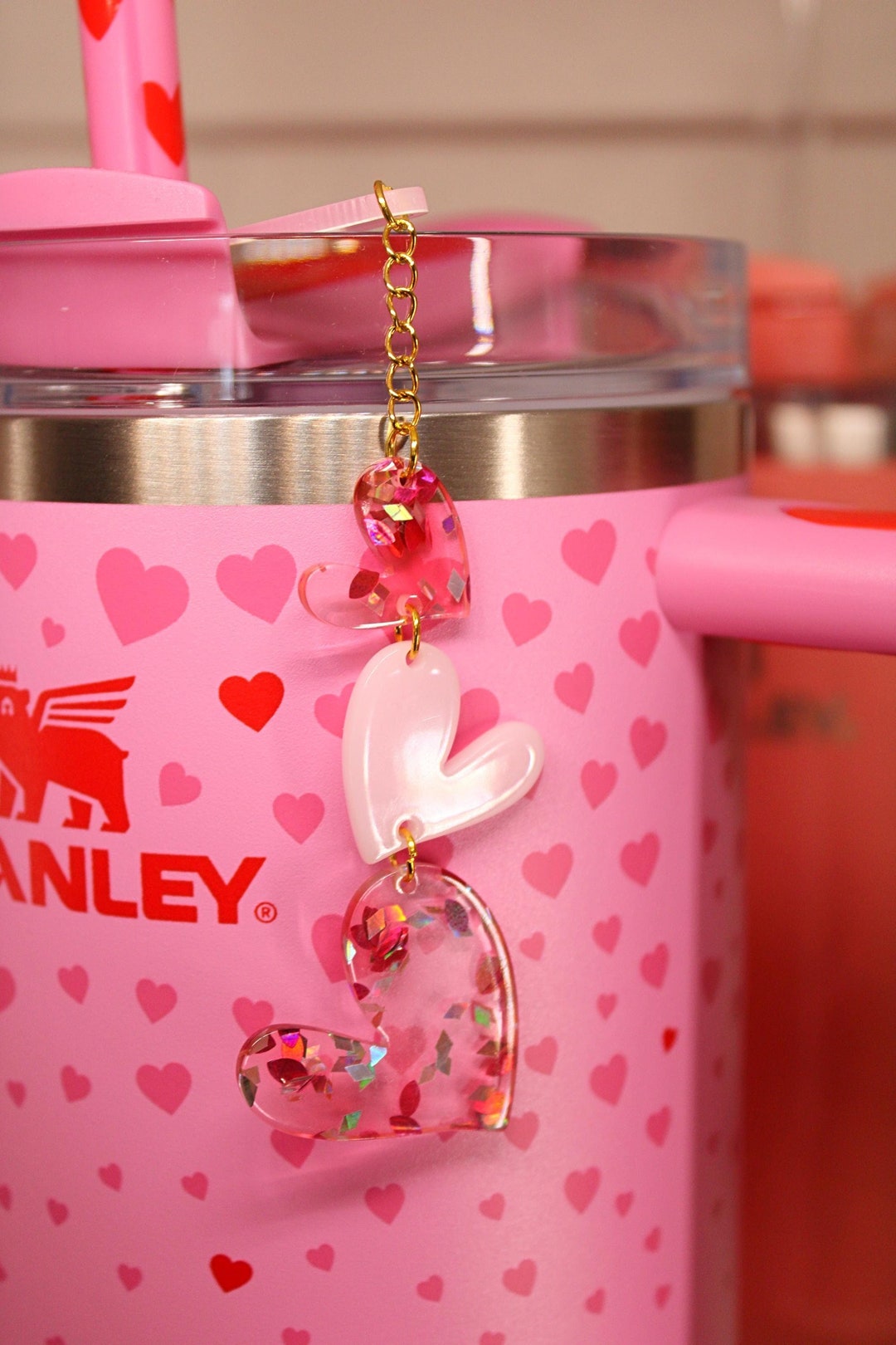 Valentine's Day Straw Dangle Hearts Gold Silver Stanley Straw Topper ...