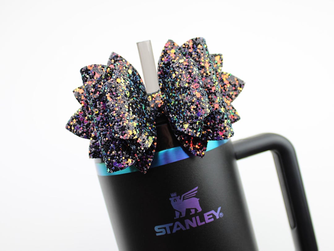Midnight Glitz Stanley Tumbler Bow Topper Black Glitter Bow Straw ...