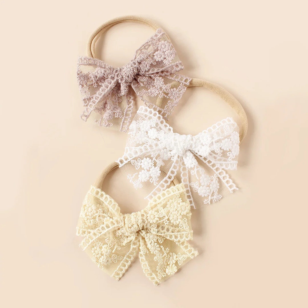 Set of 3 Lace Ribbon Bow, Neutral Baby Bow Set, Neutral Baby Bows ...