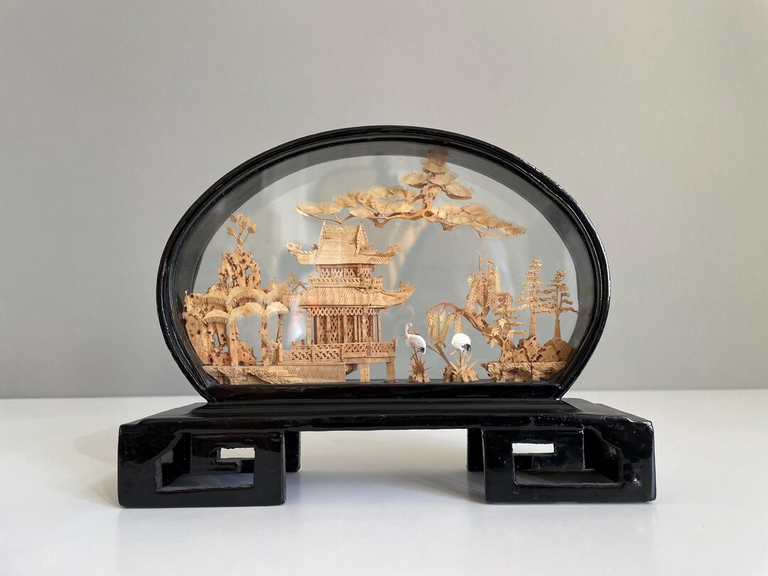 Vintage Japan Display Case Diorama Pagoda Crane Tree Stork Carving Box ...