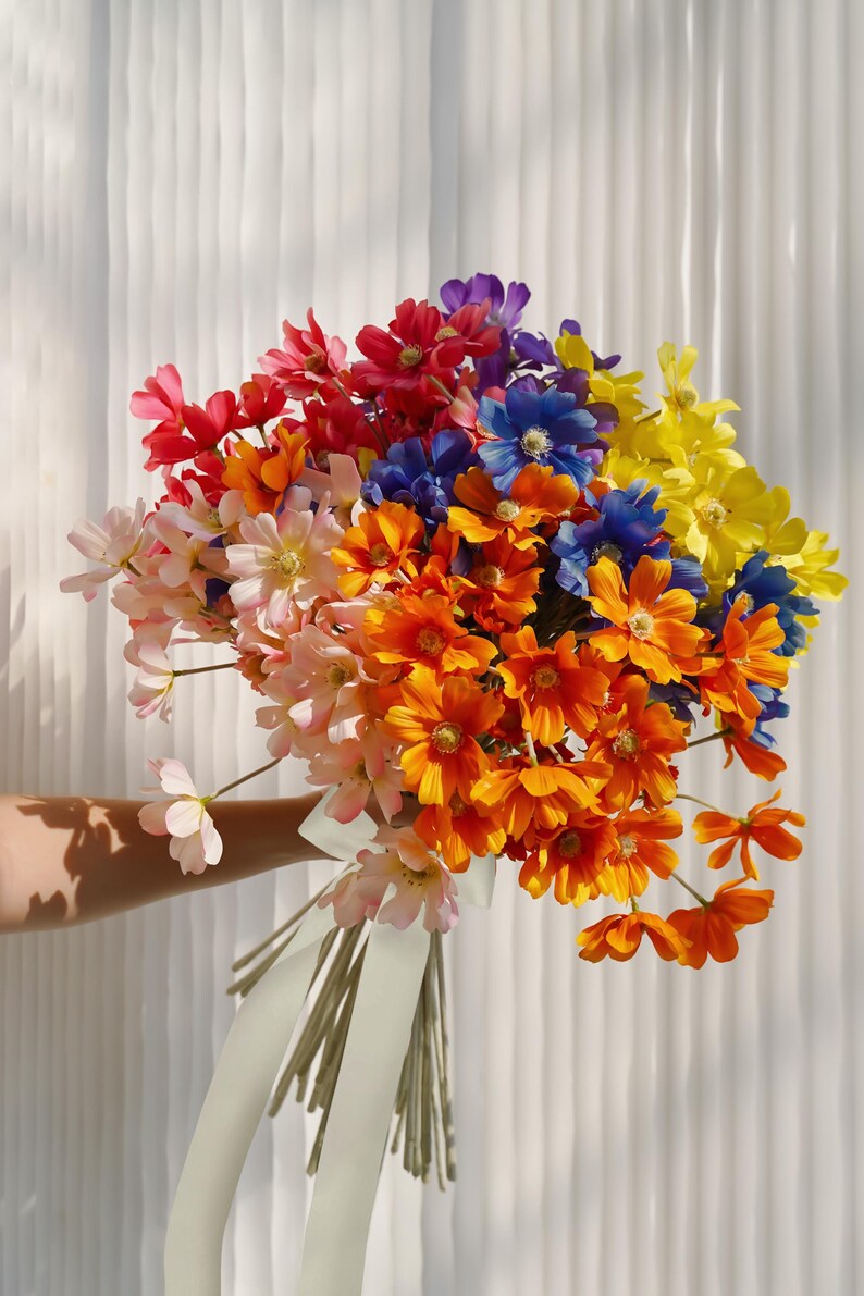 6-head Stem Silk Artificial Cosmos Flowers in Blue, DIY Home Bouquets ...