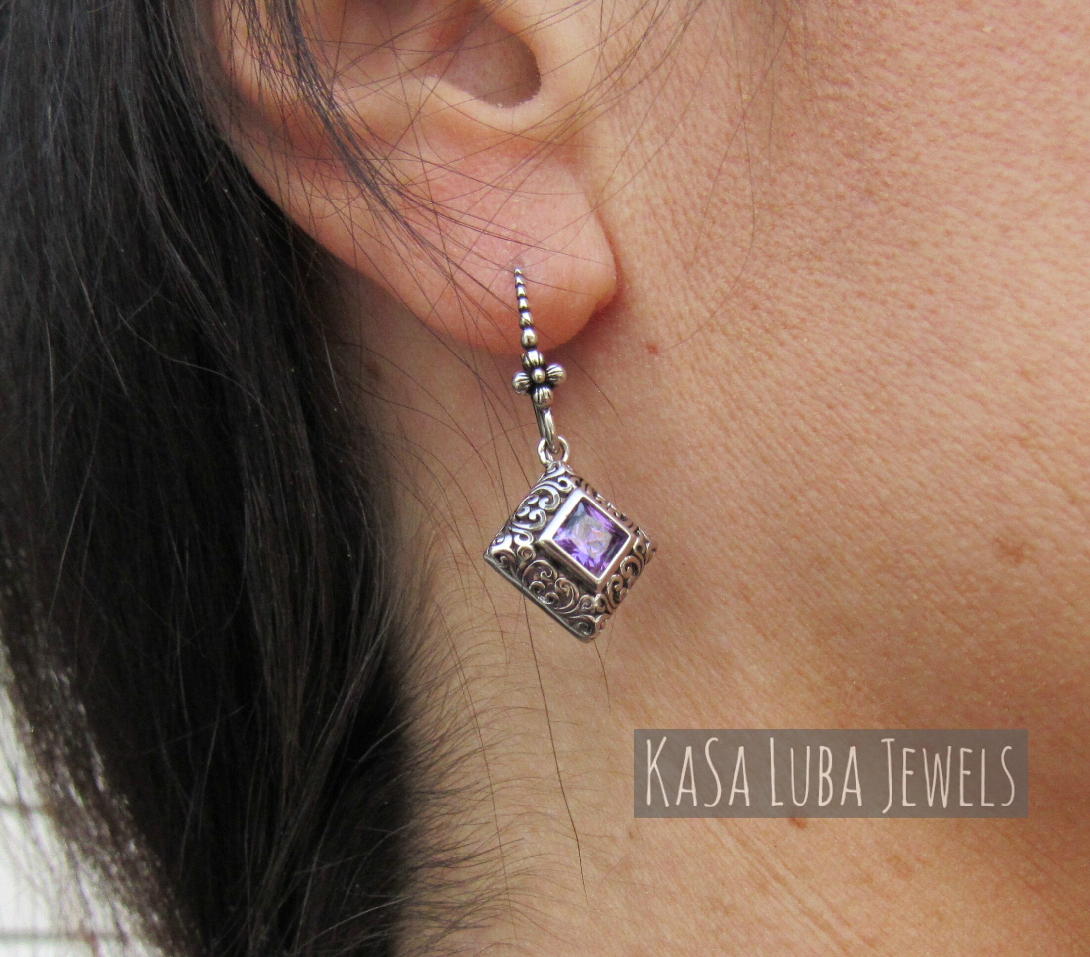 Square Cut Amethyst CZ Earrings - February Birthstone- SOLID Sterling ...