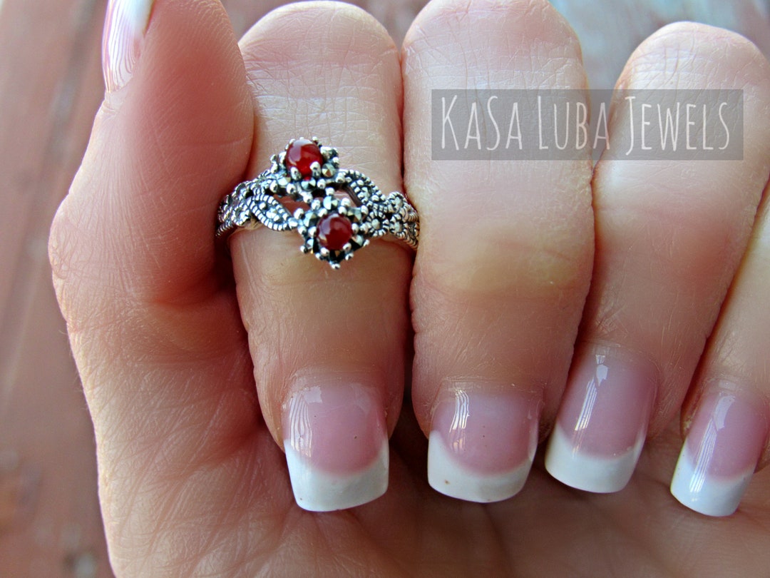 Red Agate Marcasite Flower Ring, Womens Handmade Ring, Flower Ring ...