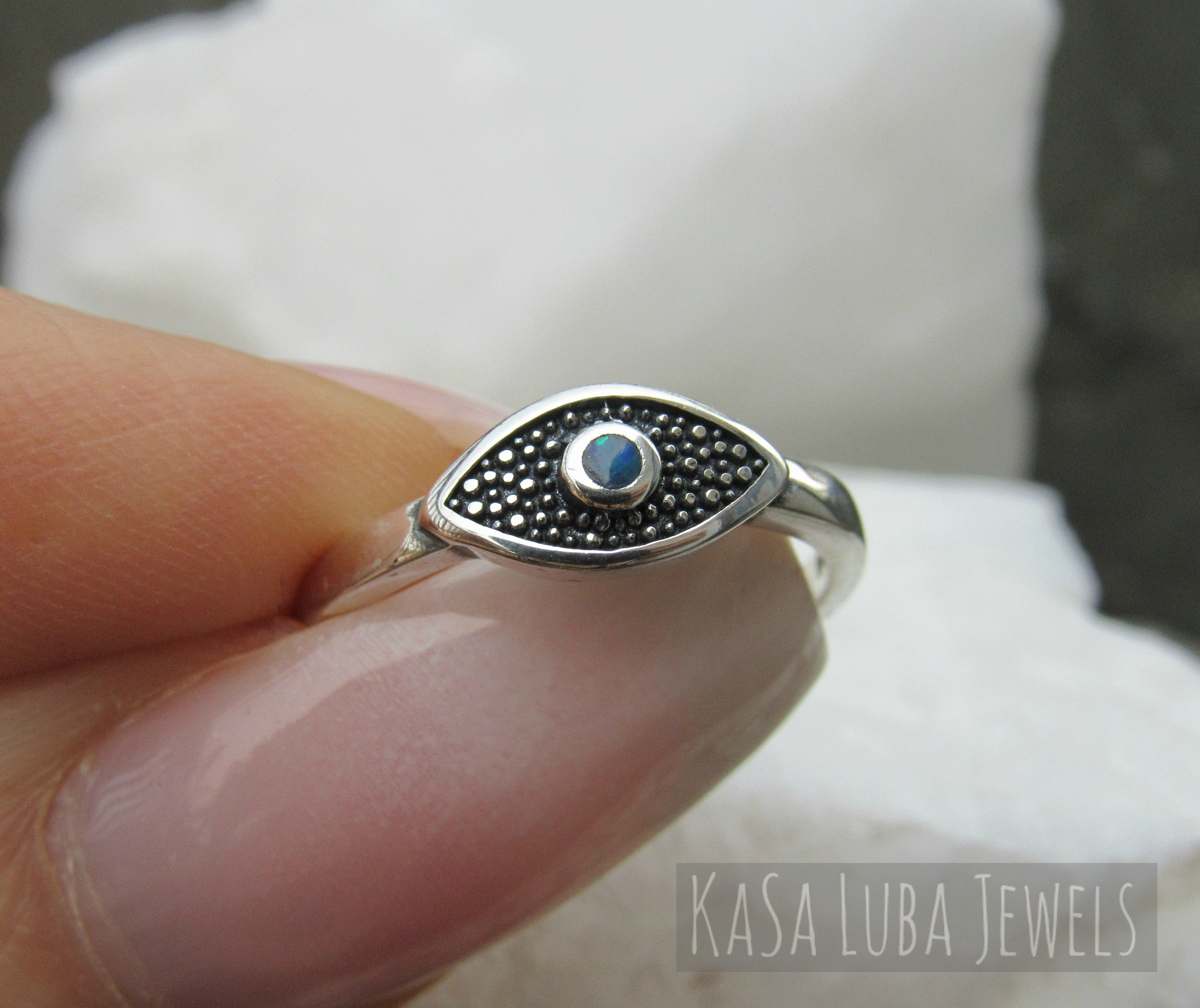Blue Opal Evil Eye Ring Lab Opal Silver Ring womens Evil | Etsy