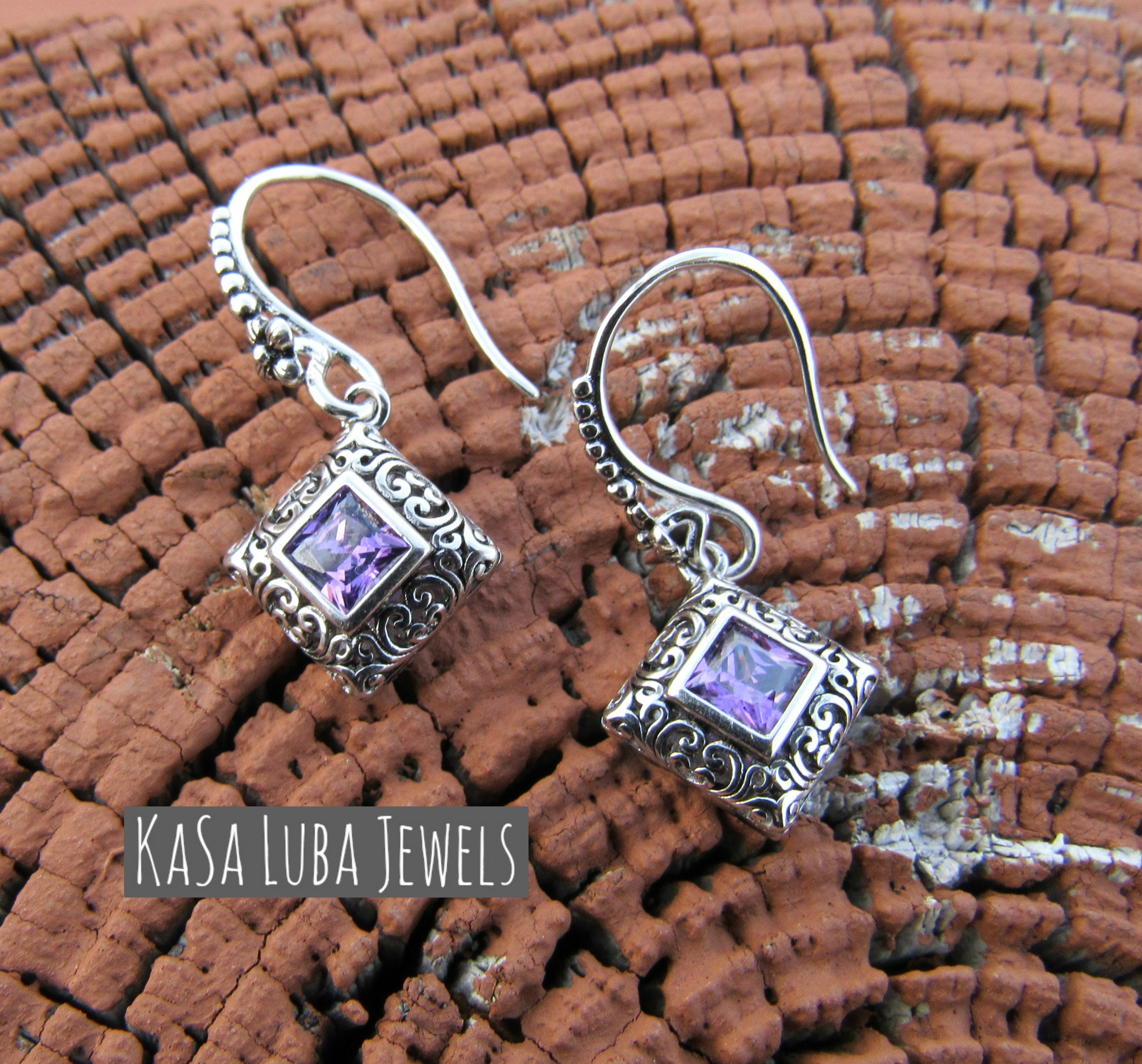 Square Cut Amethyst CZ Earrings - February Birthstone- SOLID Sterling ...