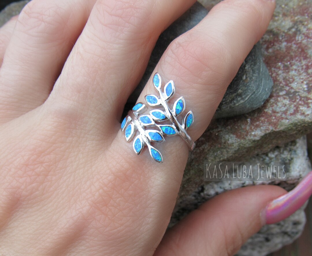 Blue Fern Leaf Sterling Silver Ring: Lab Opal Flower Statement Ring - Etsy